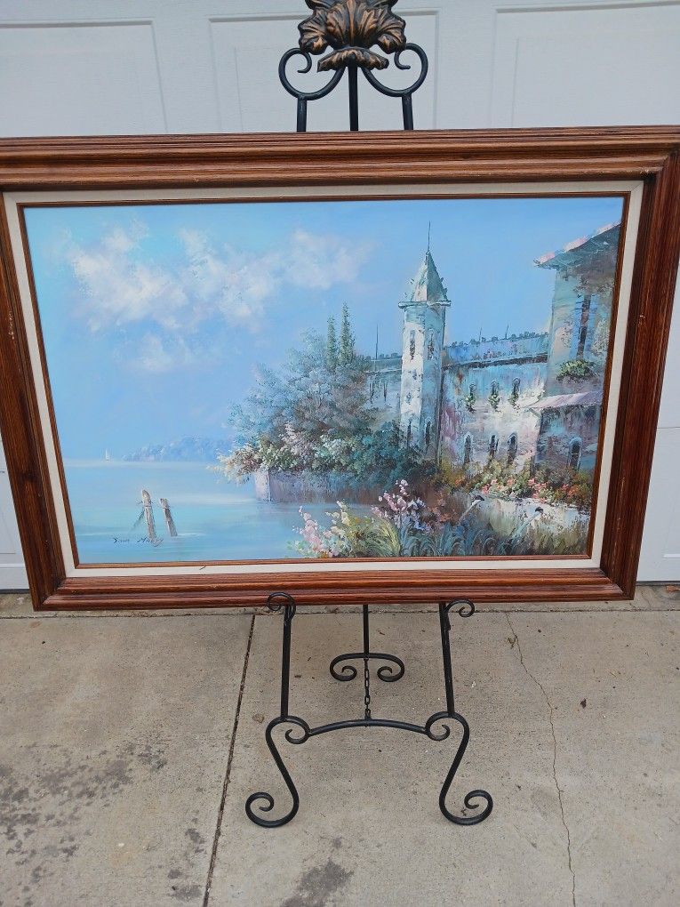 SALE Large Framed Oil On Canvas Painting Castle By The Sea Signed By ...