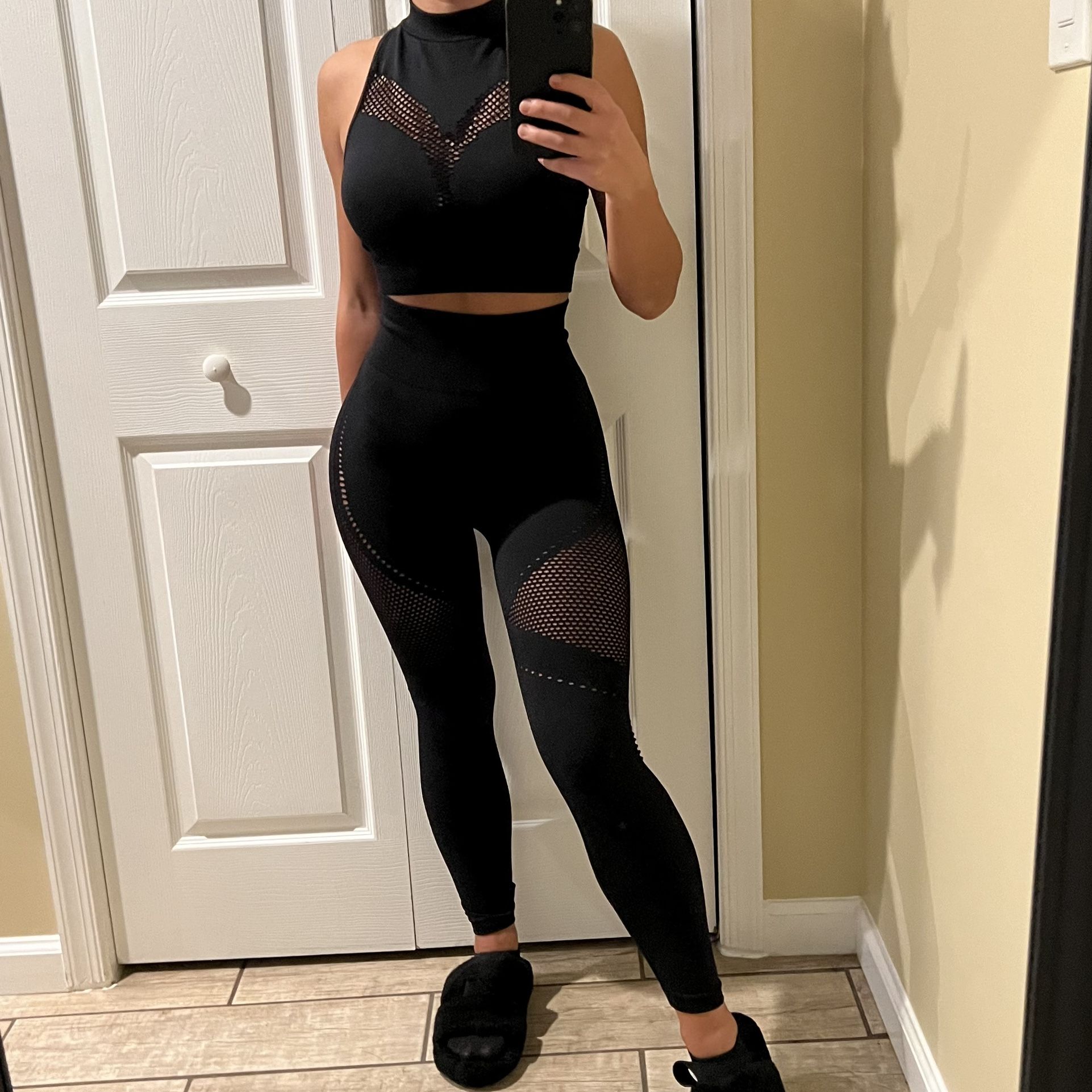 Seamless mesh 2 pcs gym set crop top slim fit tee high waist leggings ...