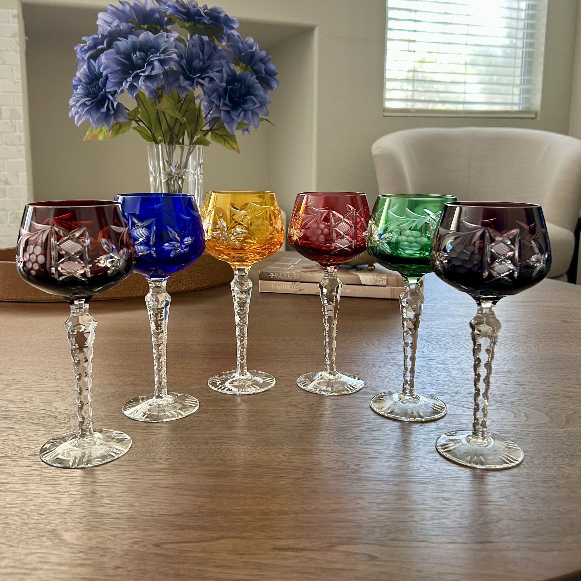 LAUSITZER CRYSTAL LA15 GRAPE VINE LEAF CUT-TO-CLEAR HOCK WINE GLASSES ...
