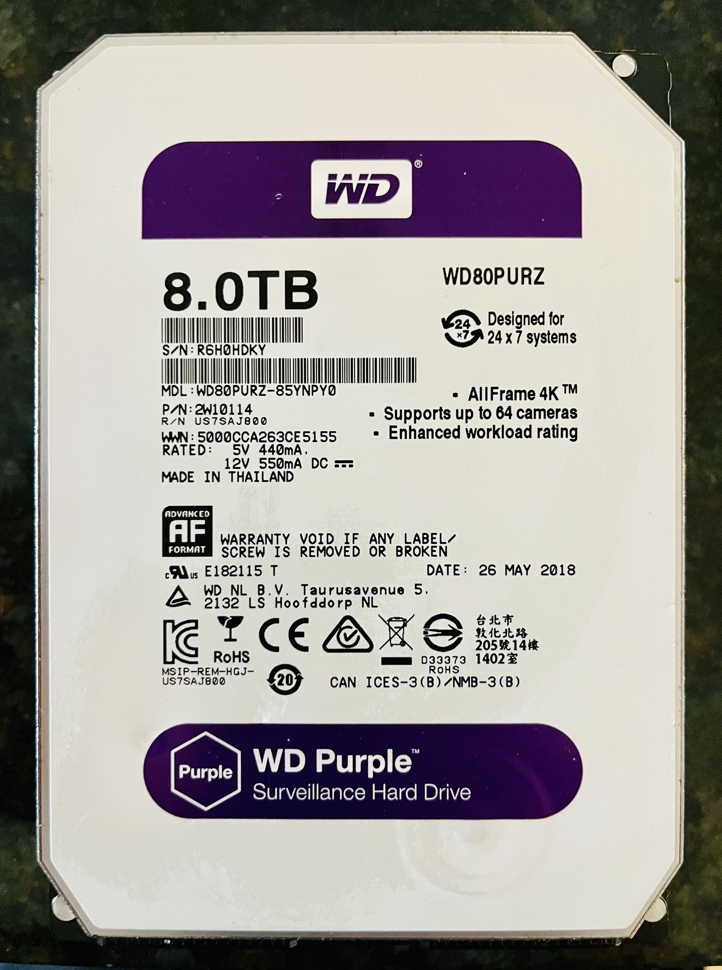 WD Purple 8TB Surveillance HDD - 5400 RPM SATA III 6 Gb/s 128MB Cache 3 ...