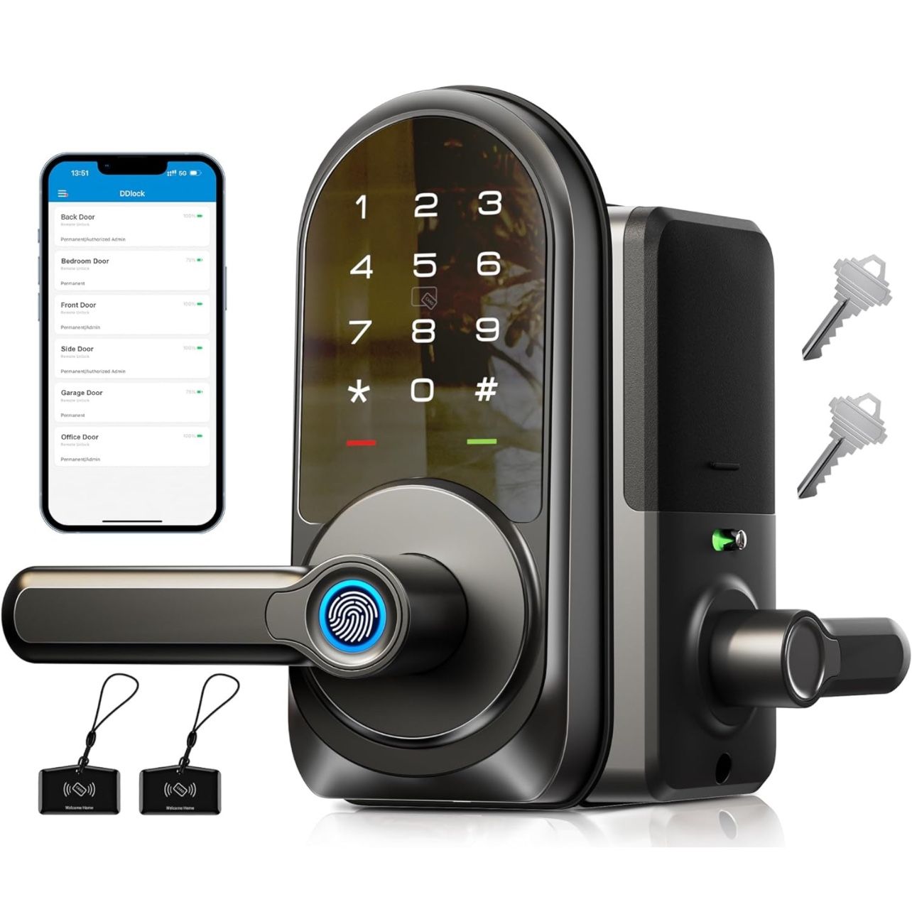 Veise Smart Lock with Fingerprint, Keypad and App Control - Keyless Entry and Handle for Front ...