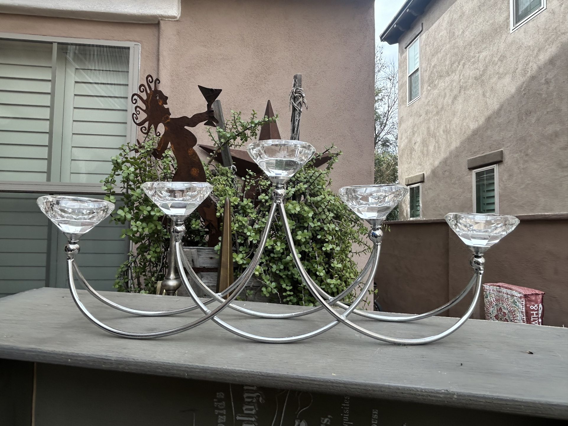 Unique & Minimalistic Candelabra 5 Tealights Curved Metal Faceted Glass ...