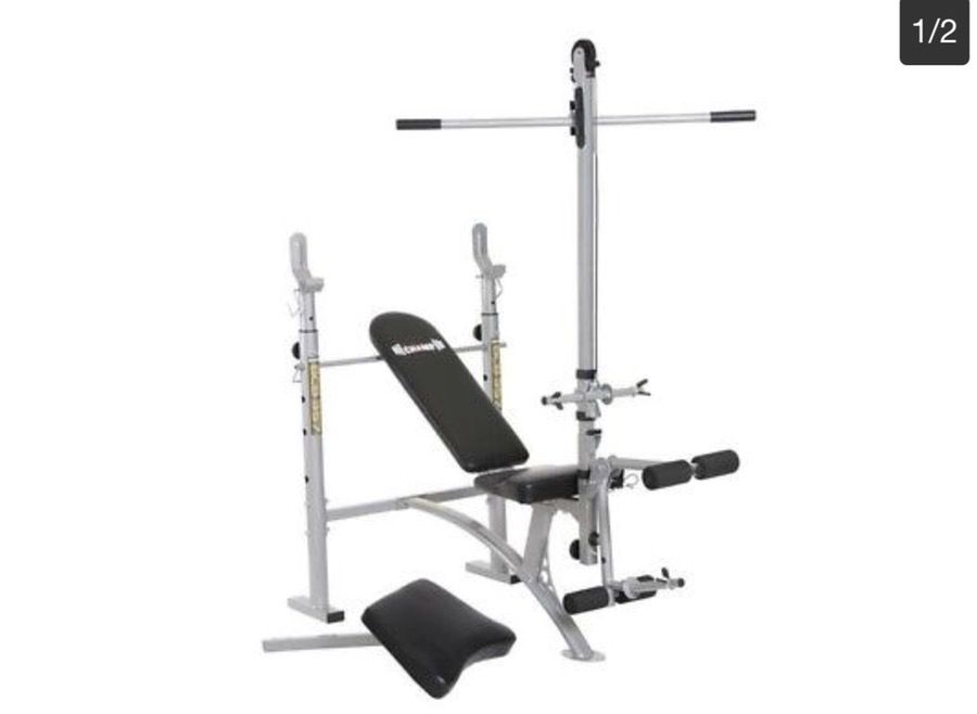 BODY CHAMP, #BCB 357 , STANDARD WEIGHT BENCH WITH LAT TOWER & ARM CURL ...