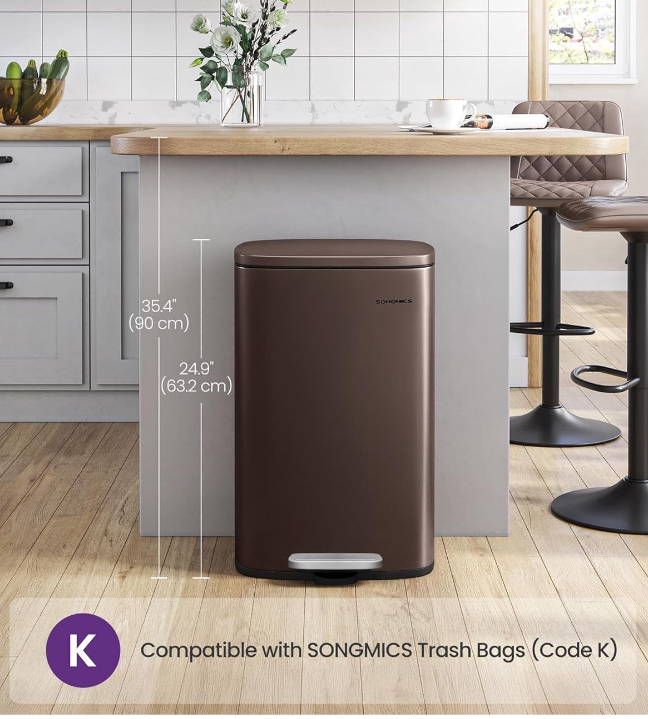 13 Gallon (50 L) Trash Can, Stainless Steel Kitchen Garbage Can ...