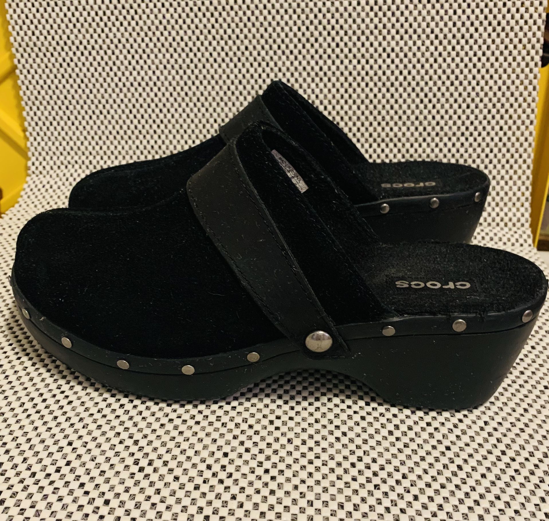 Crocs Black Genuine Swade Leather Studded Platform Wedge Clogs Mules ...