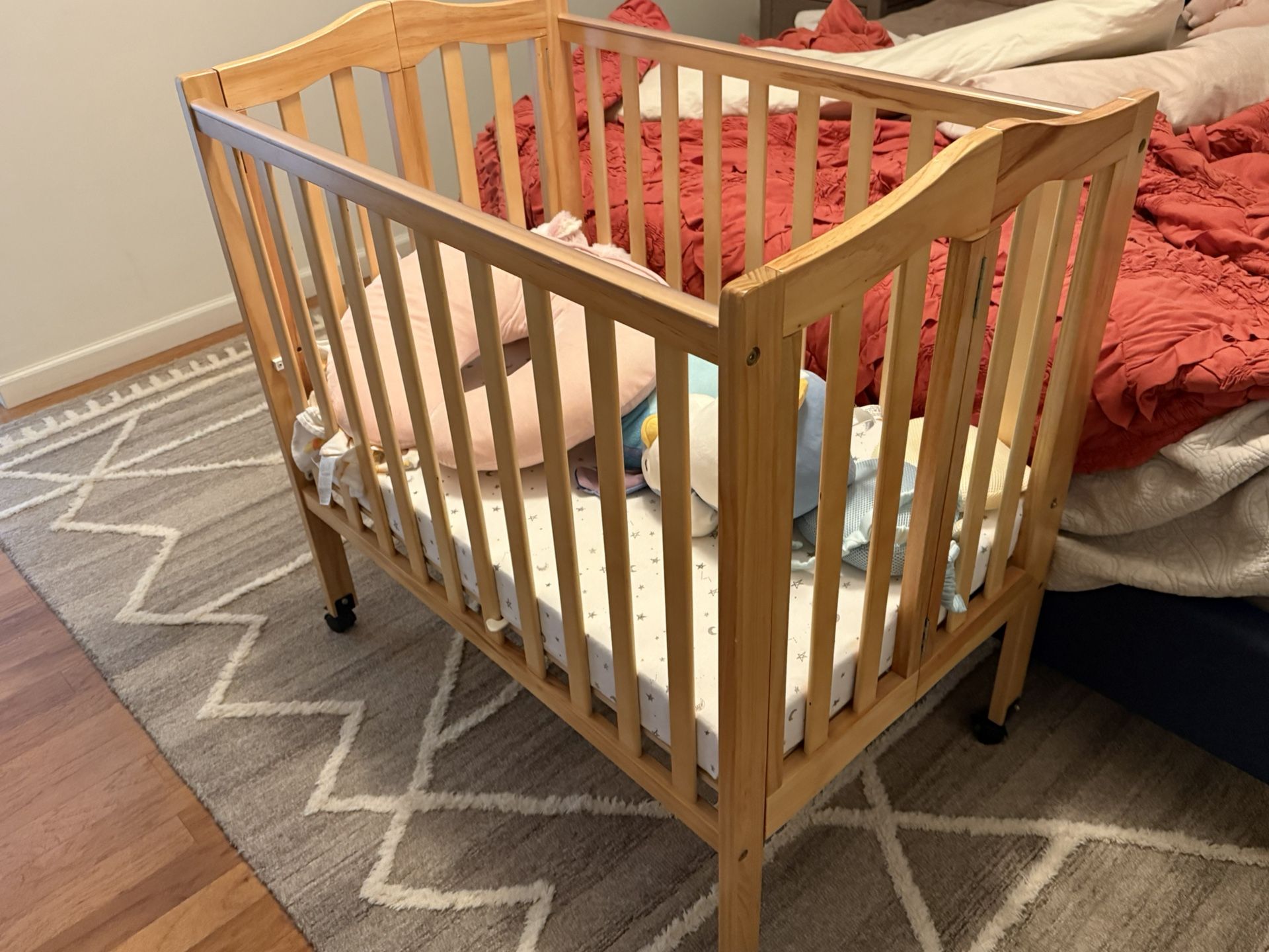 Rolling Wood Crib – 36” x 48” – Gently Used – Includes Mattress for ...