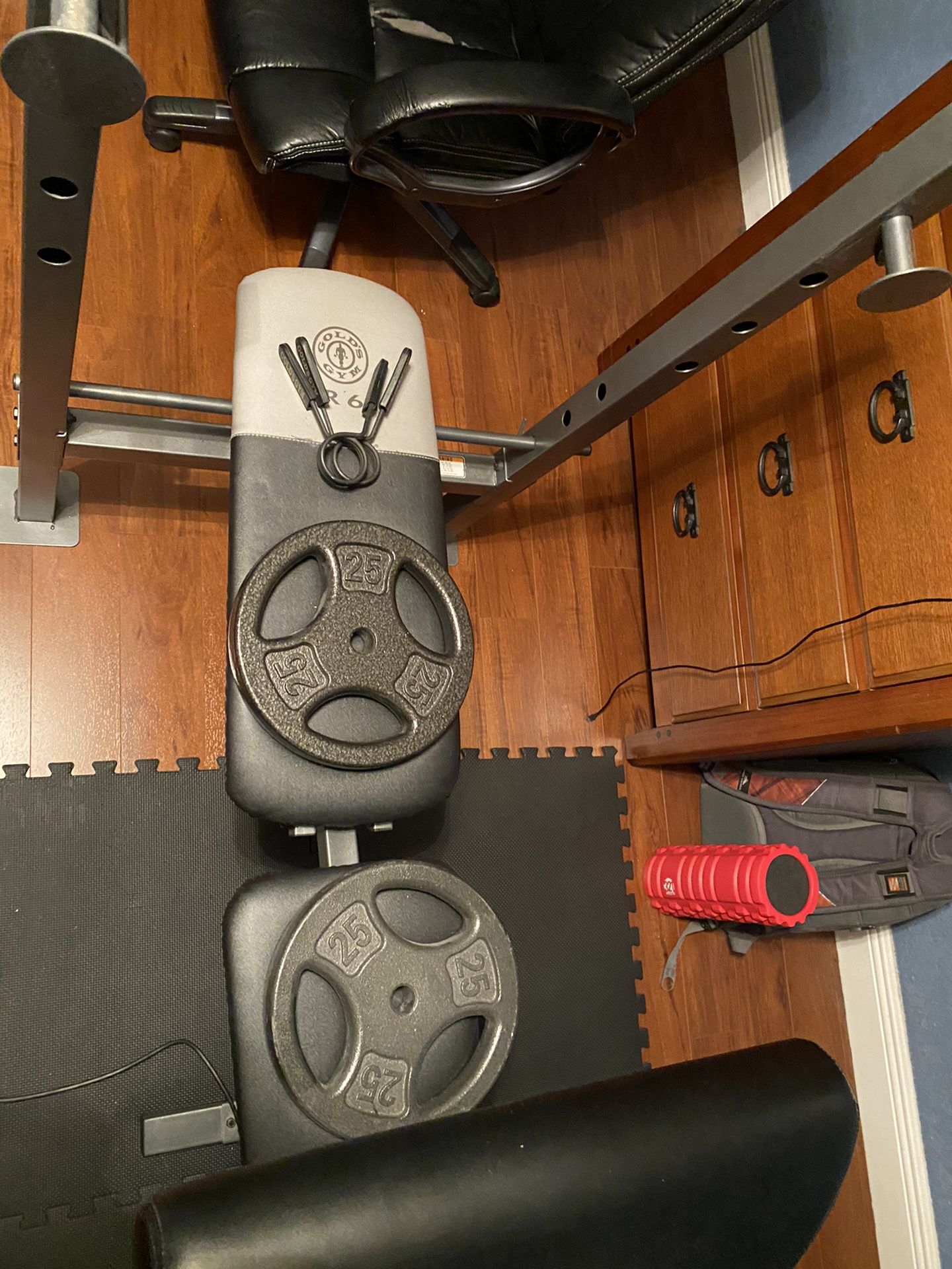 Golds Gym Bench + Preacher Curl, Bar Clips, Leg Extension And Two 25lb ...