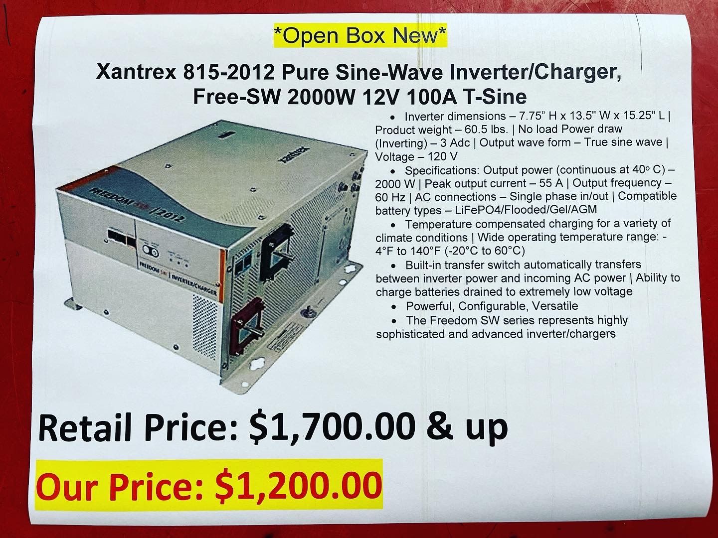 *Open Box New* Xantrex Pure Sine-Wave Inverter/Charger, Free-SW 2000W ...
