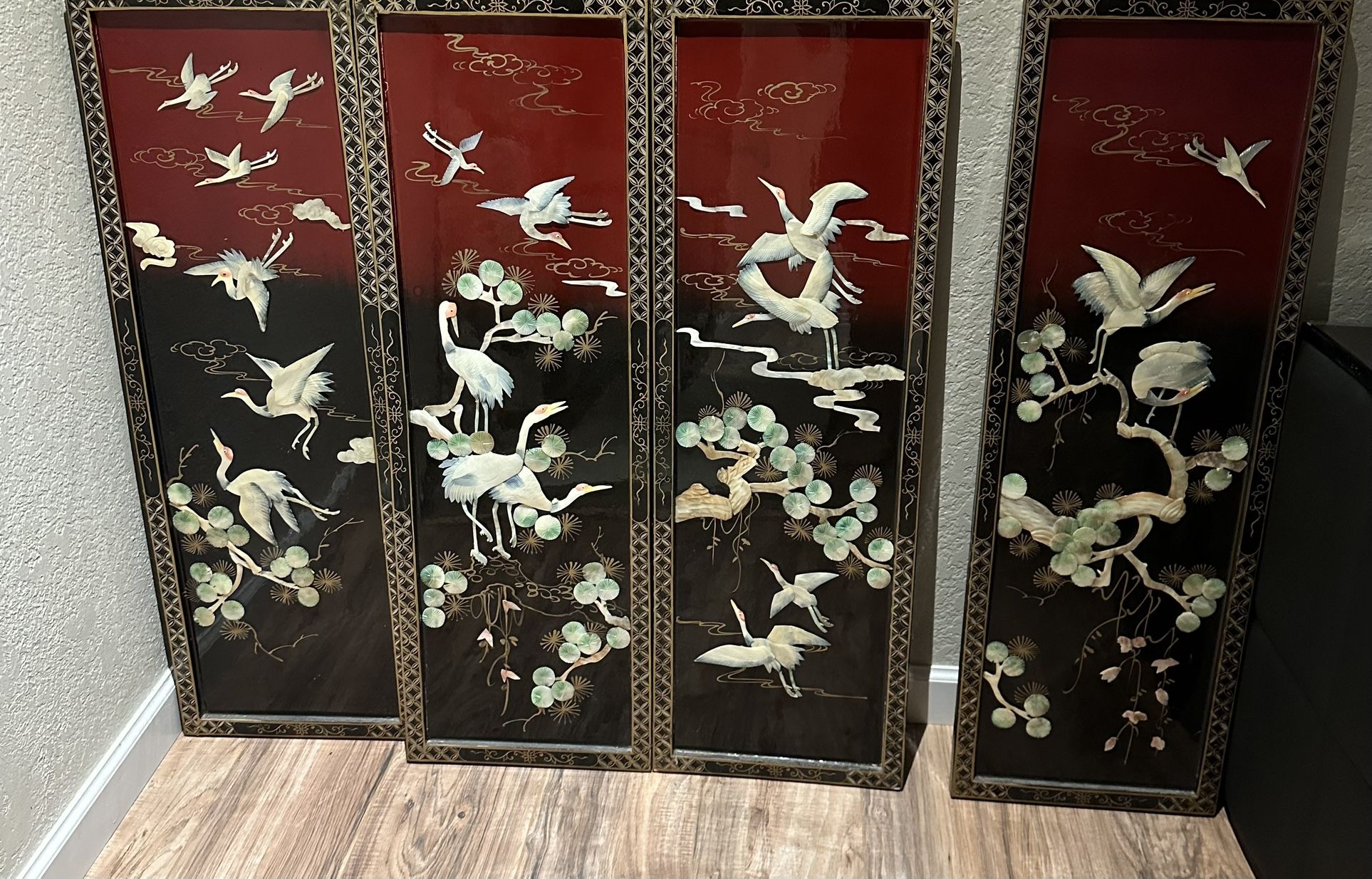 4 WALL Art PANELS JAPANESE ART WORK INLAYS MOTHER OF PEARL SHELL BLACK ...
