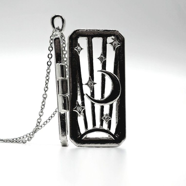 Silver Gemstone Star Moon Celestial Rectangle Cut Out Locket Pendant Necklace for Sale in ...