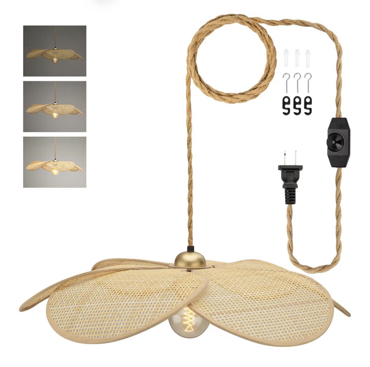 Bamboo Plug in Pendant Light, 24 Inch Flower Handwoven Rattan Lampshade ...