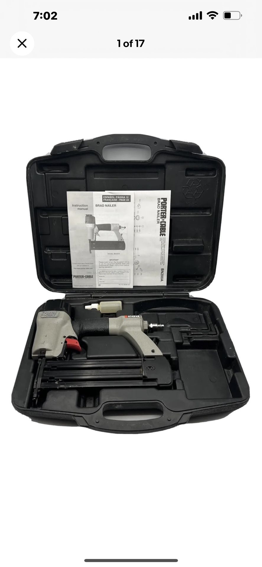 Air Powered PORTER-CABLE BN200A 18-Gauge Brad Nailer Nail Gun / Case ...