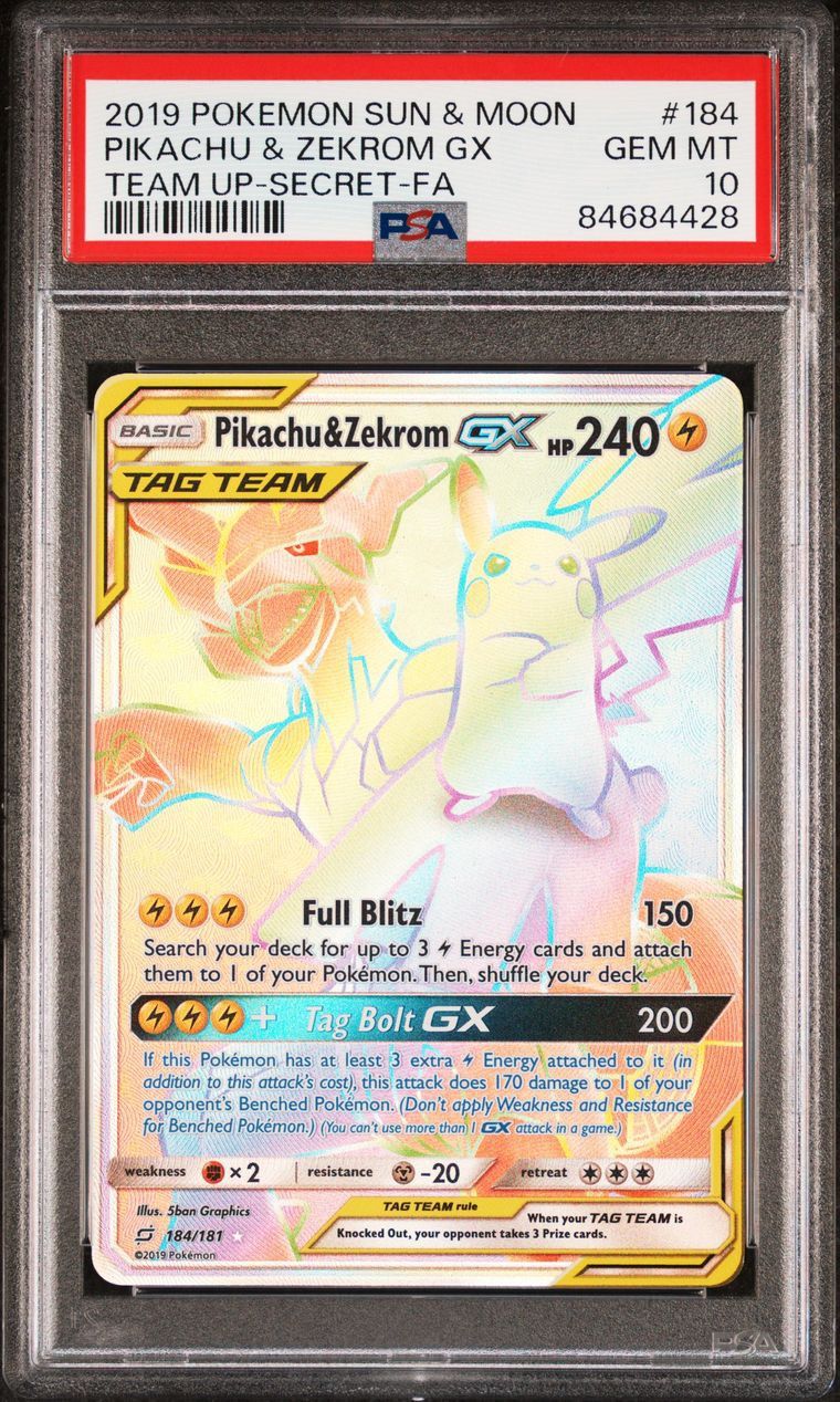 PSA 10 Pikachu & Zekrom GX Rainbow Secret Rare 184/181 Team Up Pokémon TCG for Sale in Costa ...