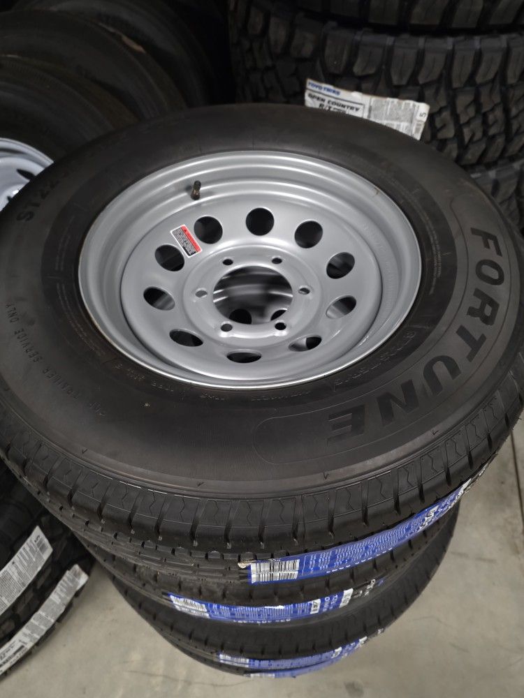 4 New ST 225-75-15 Fortune Trailer Tires Silver 6 Lug 6x5.5 Steel ...