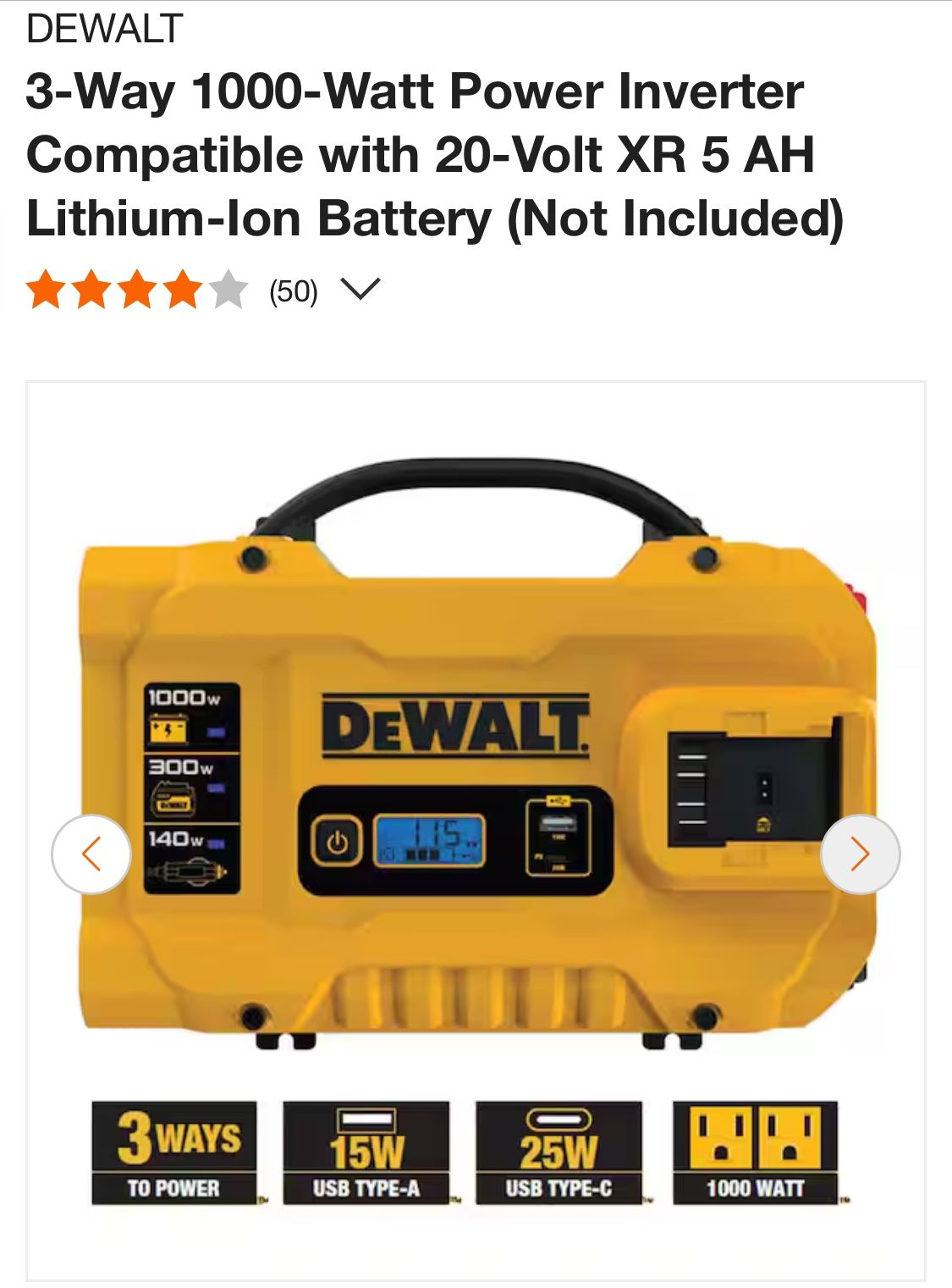 DEWALT 3-Way 1000-Watt Power Inverter Compatible with 20-Volt XR 5 AH ...