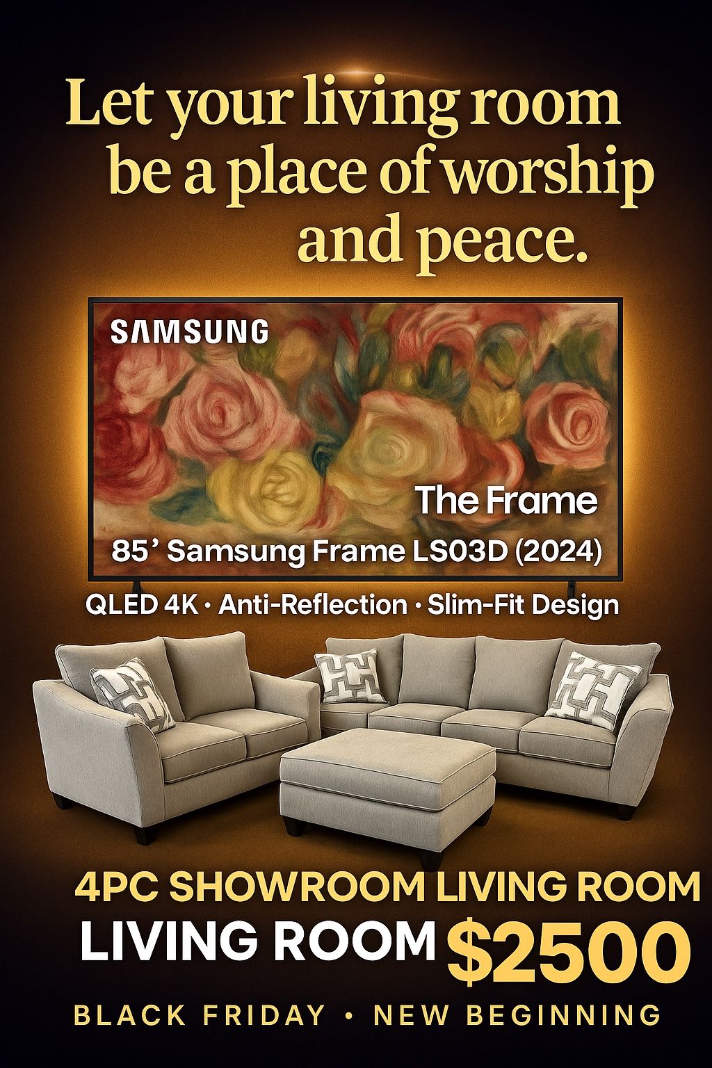 Living Room Bundle 85” Samsung Frame 4pc Living Room Showroom Set for ...