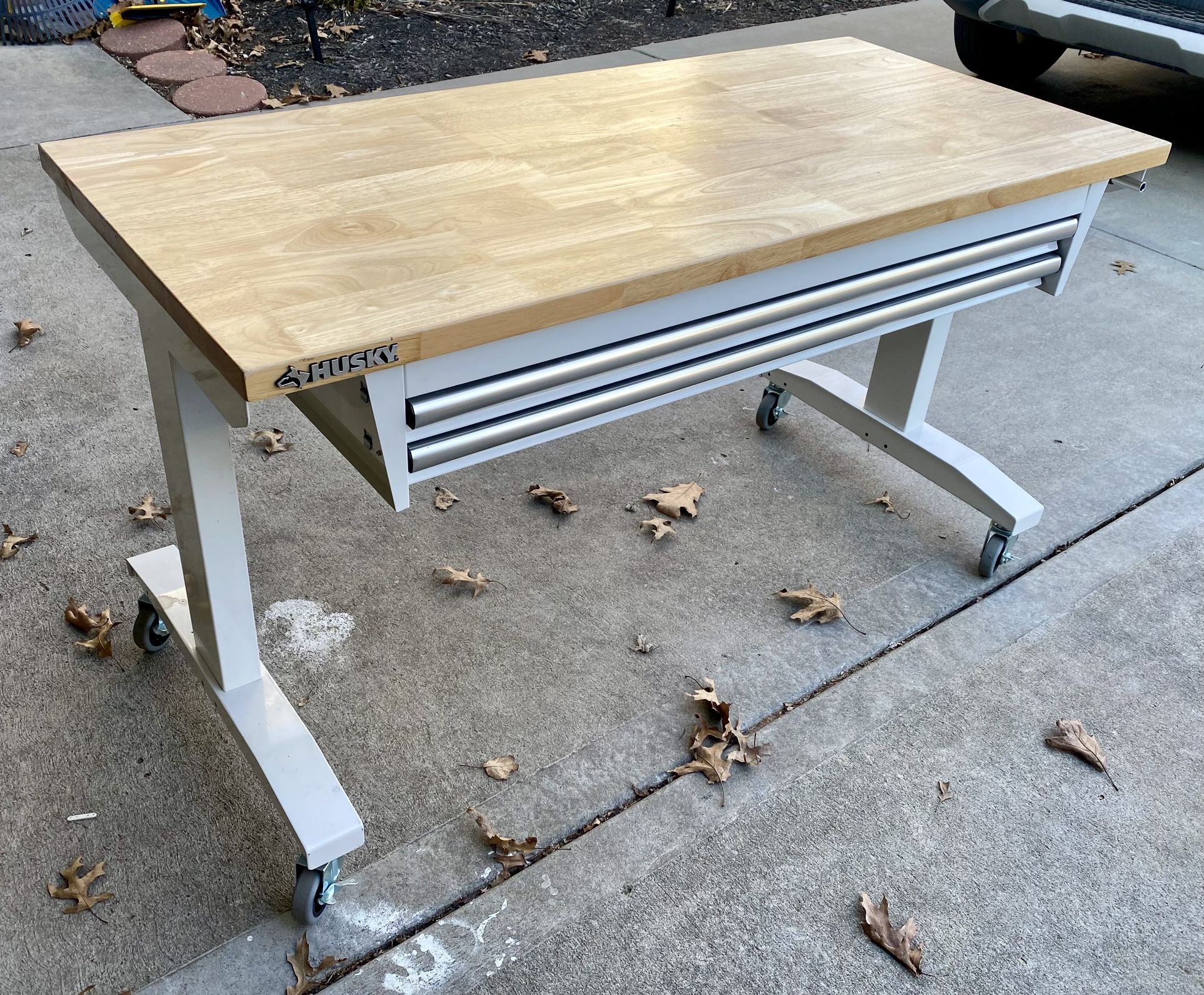 Husky 52 in. W x 24 in. D Steel 2-Drawer Adjustable Height Solid Wood ...