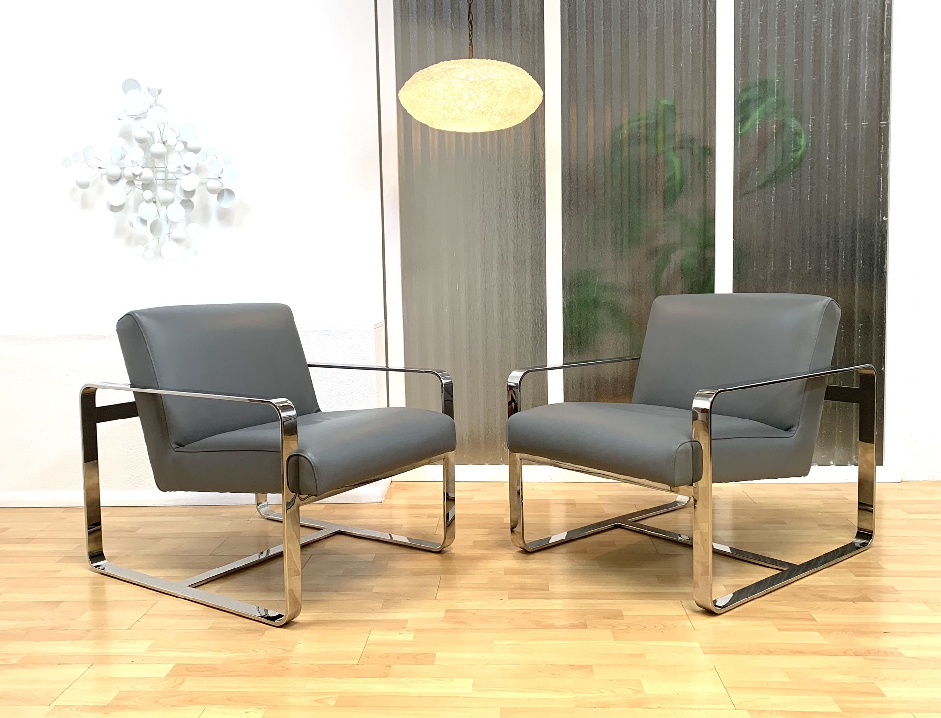 Pair RH Restoration Hardware Leather Lounge Chairs Mid Century Modern ...