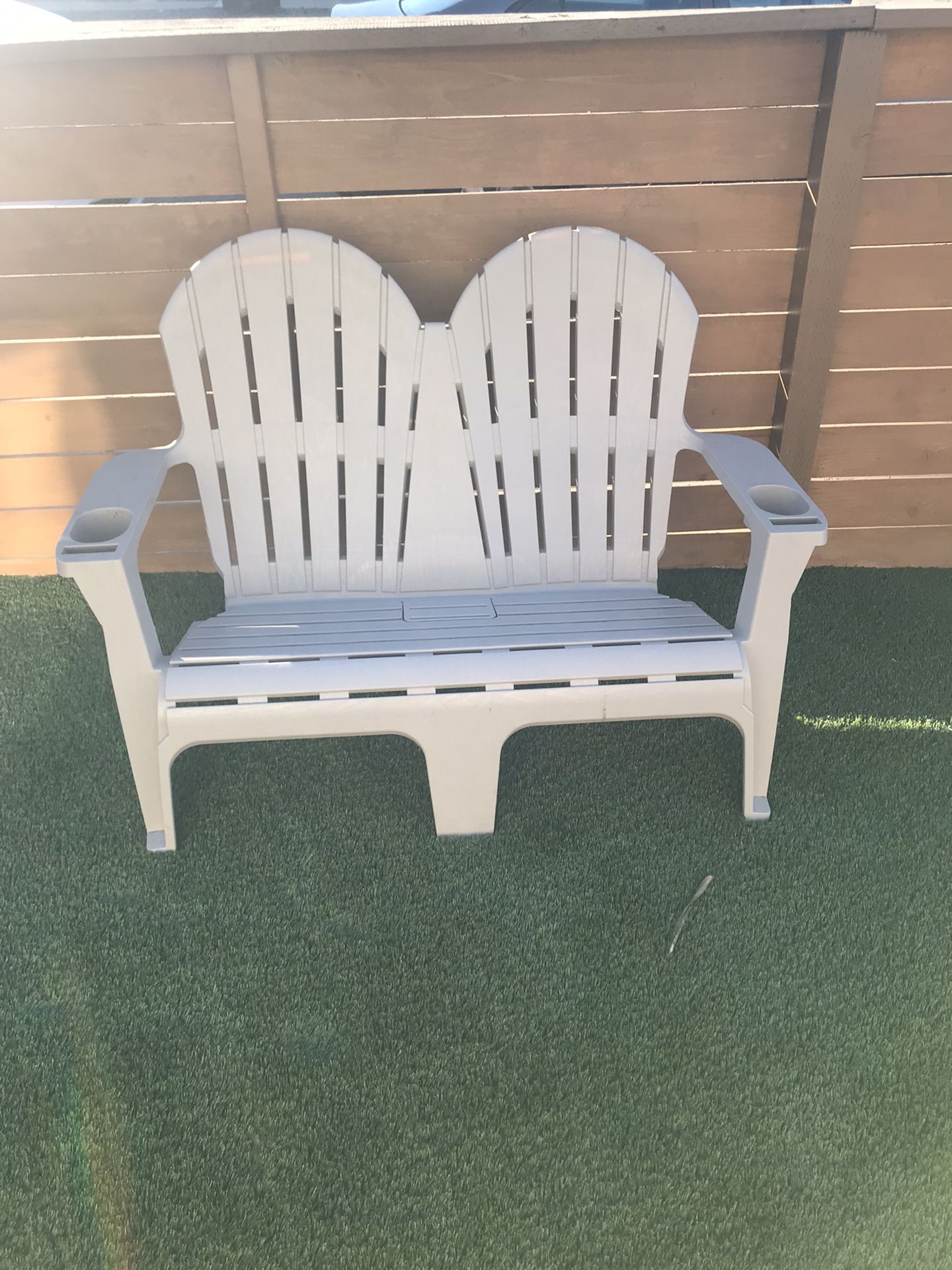 54 in. Putty Beige Plastic 2-Person Outdoor Adirondack Bench with Phone ...