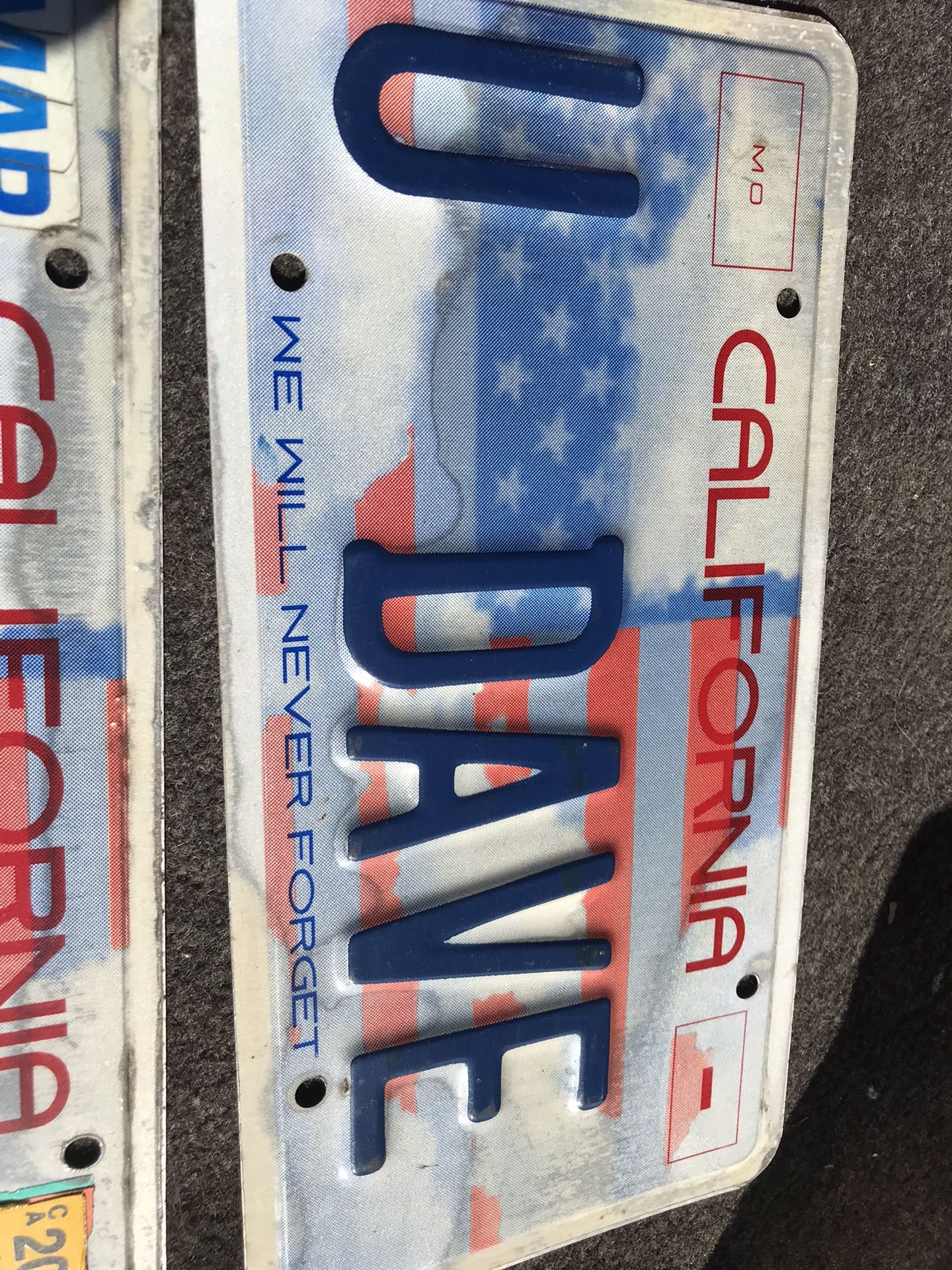 Actual California License Plates American Flag Pair 9/11 WE WILL NEVER ...