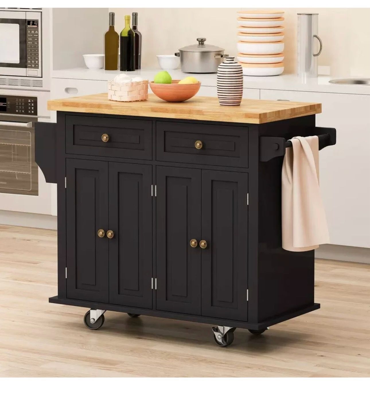 Rolling Kitchen Serving Cart Cabinet Natural Wood Butcher Block Top ...