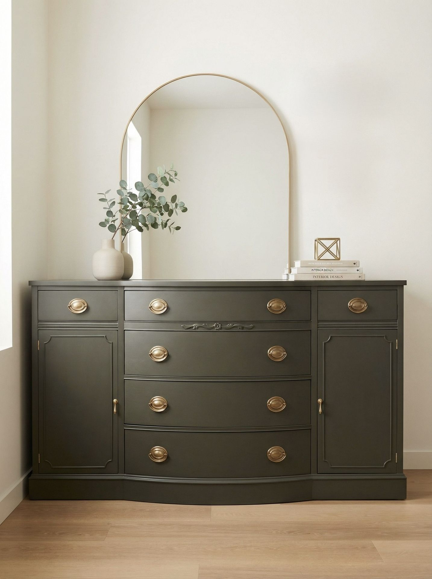 Refinished Drexel Mahogany Buffet in Olive Green with Brass Hardware ...