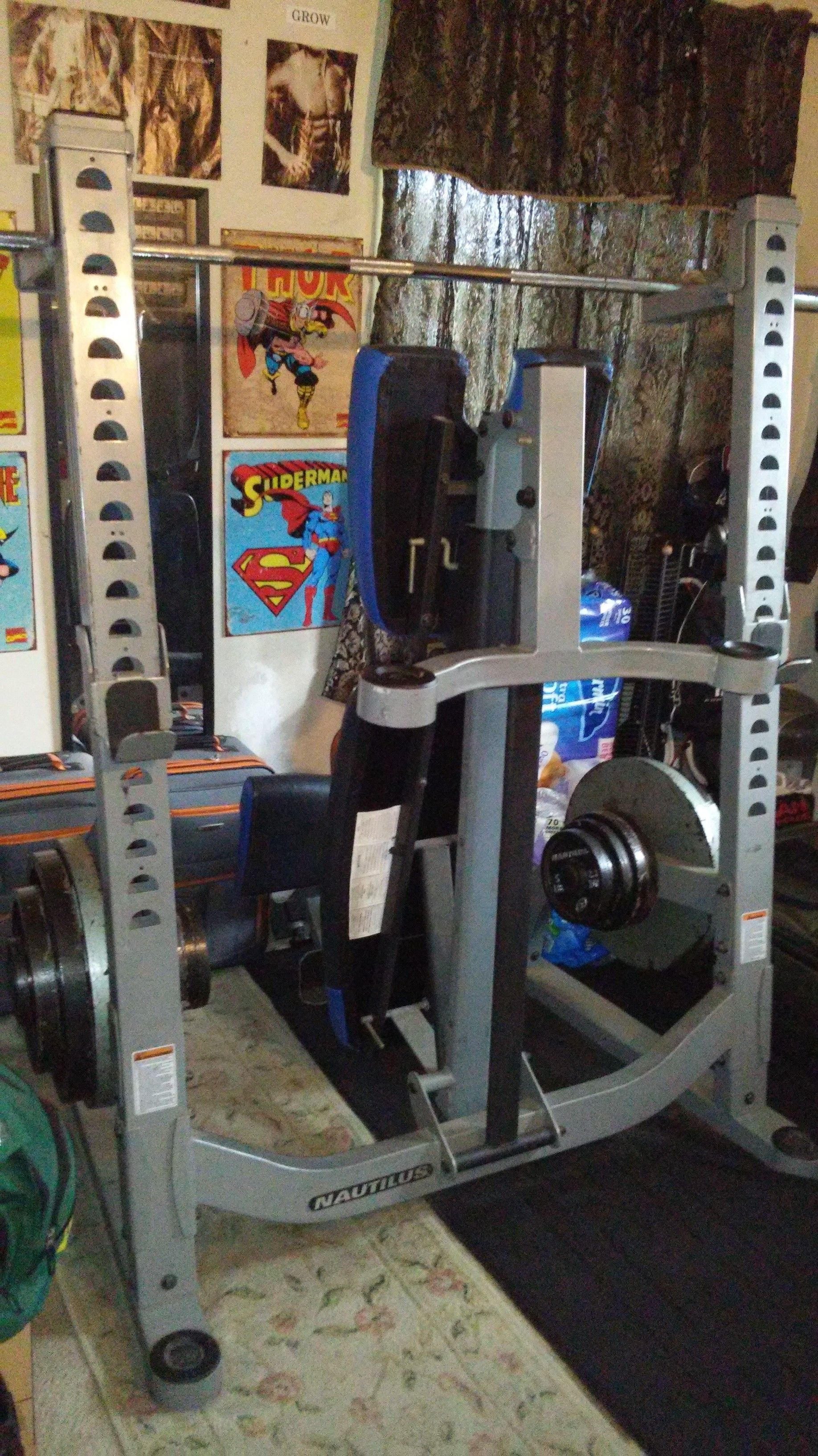 Nautilus Folding Bench Press/Squat Rack Olympic Bars and Weights Home ...