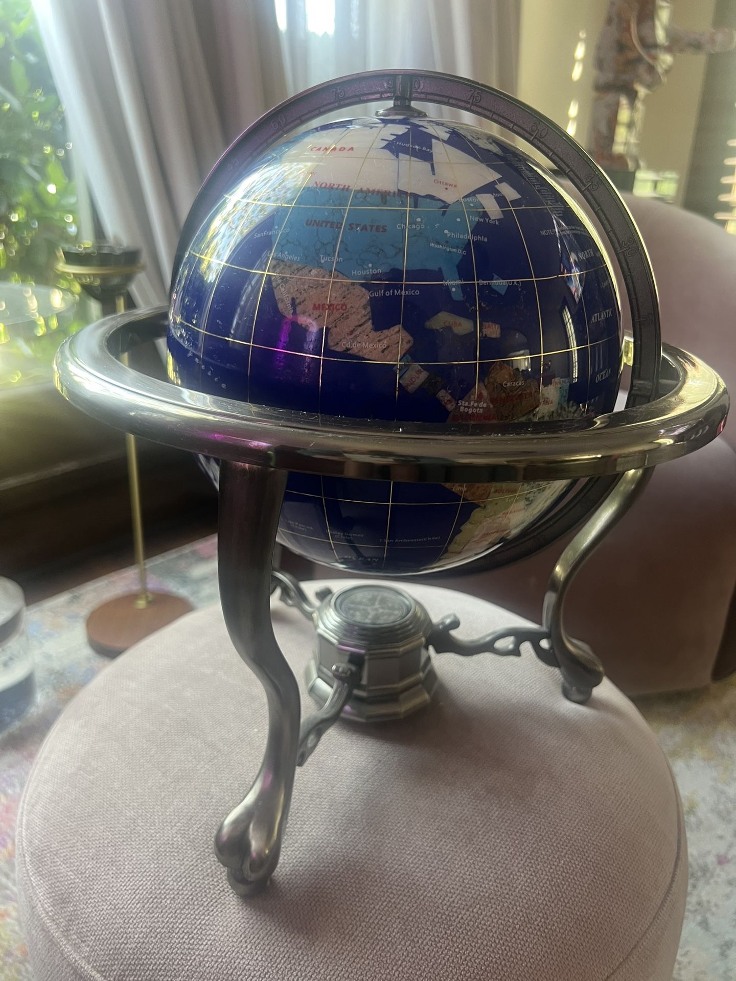 Unique Art 21” Tall Blue Lapis Ocean Table Top Gemstone World Globe w ...