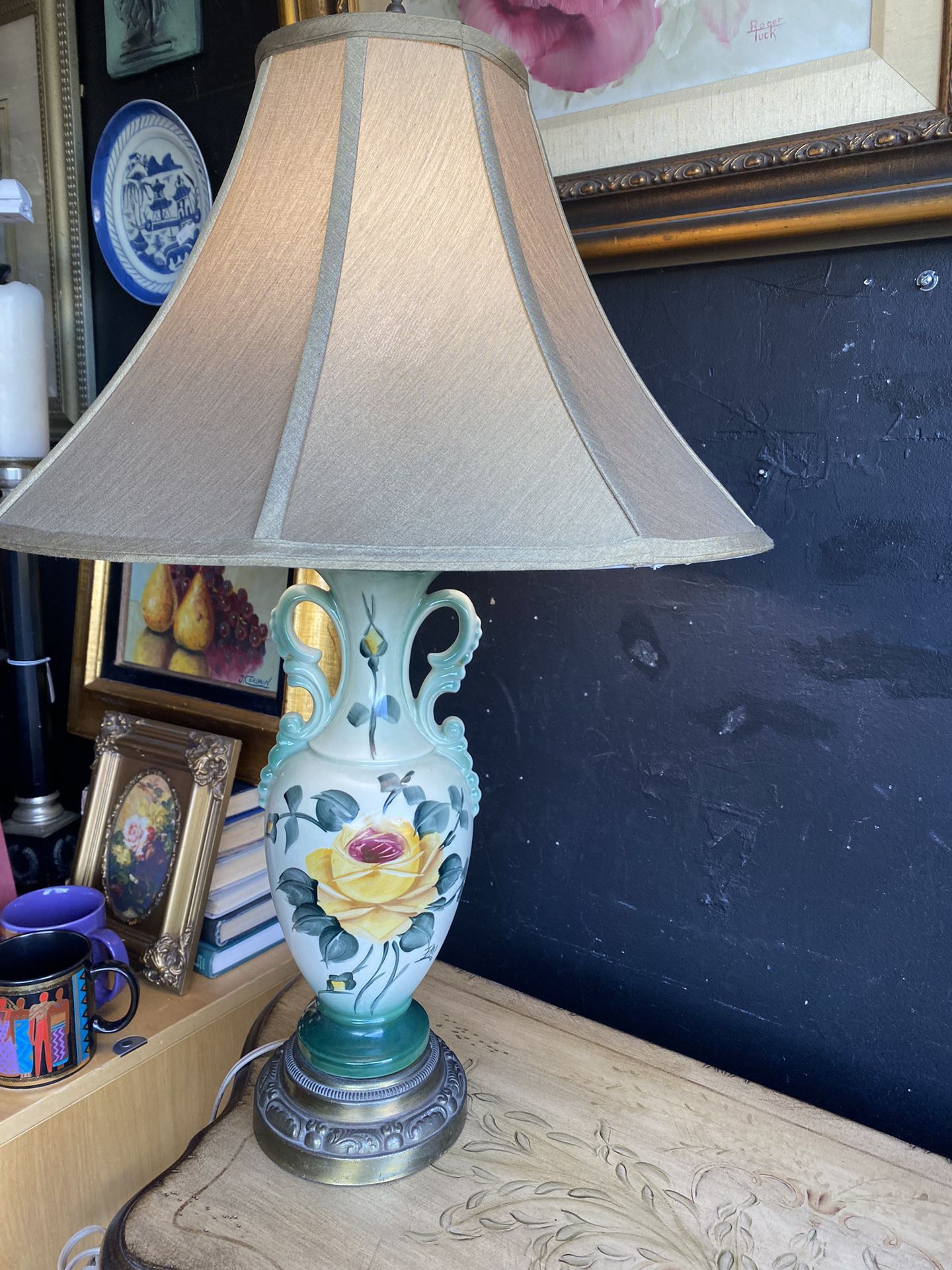 Vintage antique cottage core signed hand painted floral table lamp ...