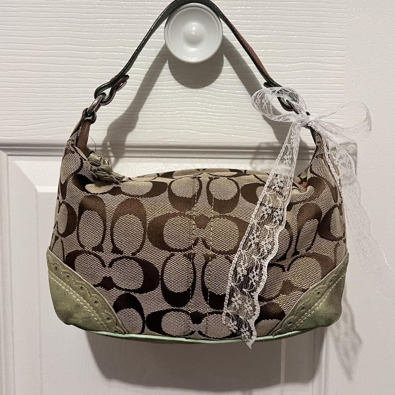 Vintage Coach mini hand bag in signature canvas + green suede for Sale ...