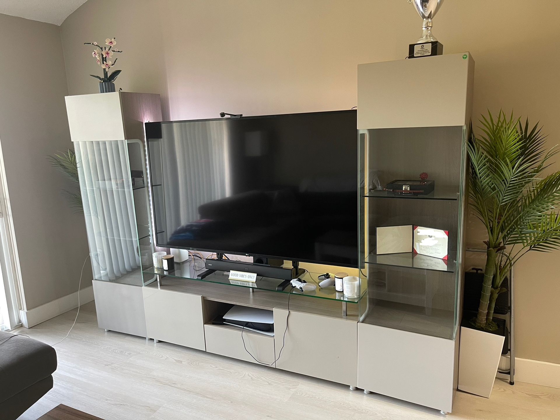 Modern Entertainment Center with Glass Display Towers – Great Condition ...