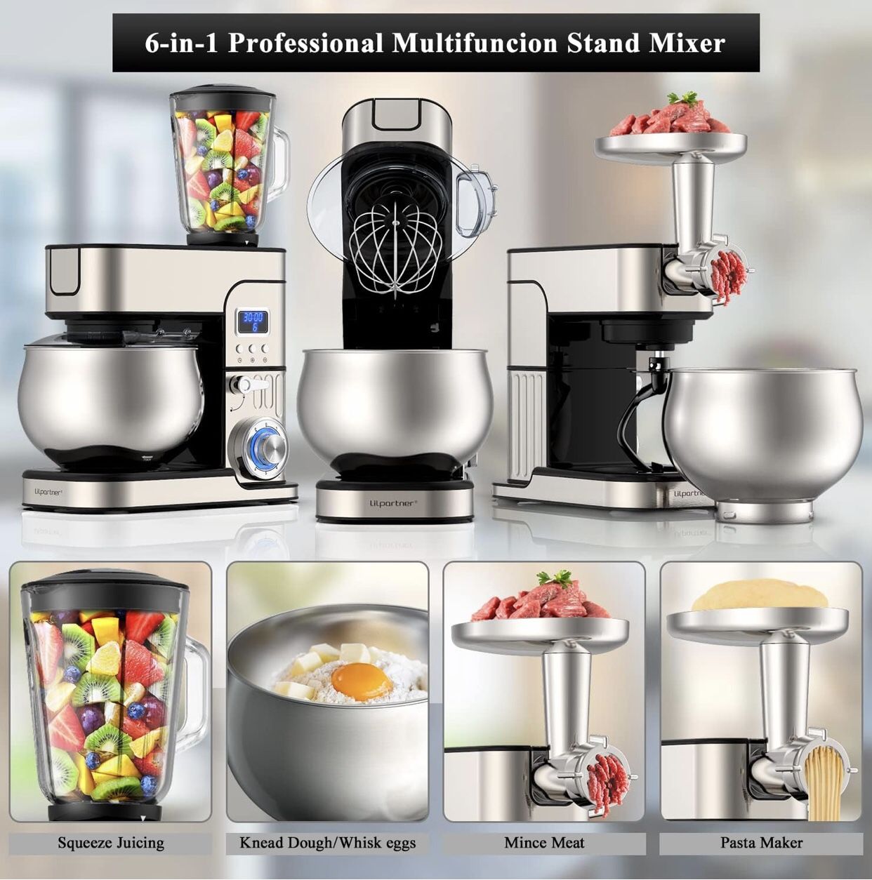 6-IN-1 Stand Mixer, LCD Display Kitchen Electric Mixer, 6.5QT Stainless ...