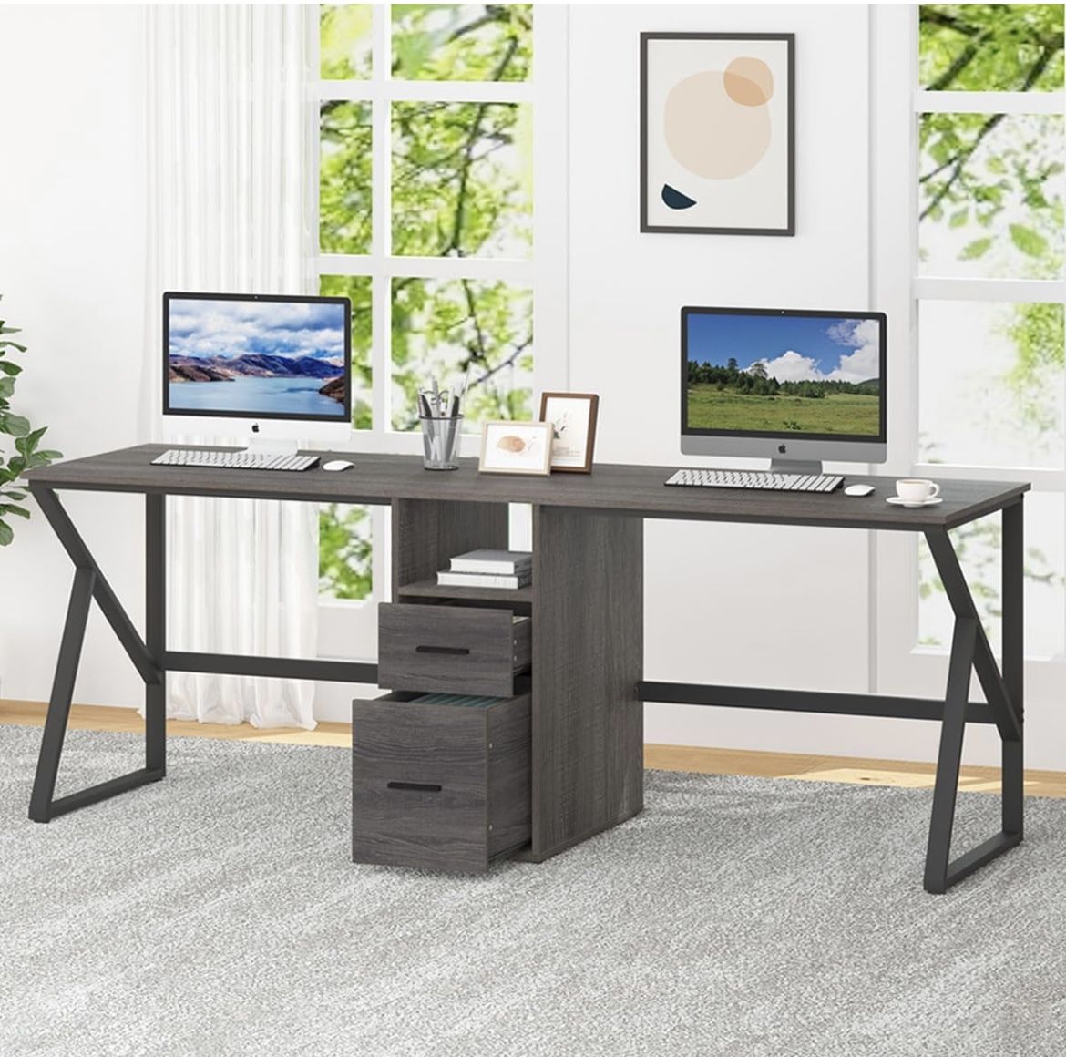 27-108/109 IBF Long 2 Person Computer Desk, Rustic Wood Writing Desk ...
