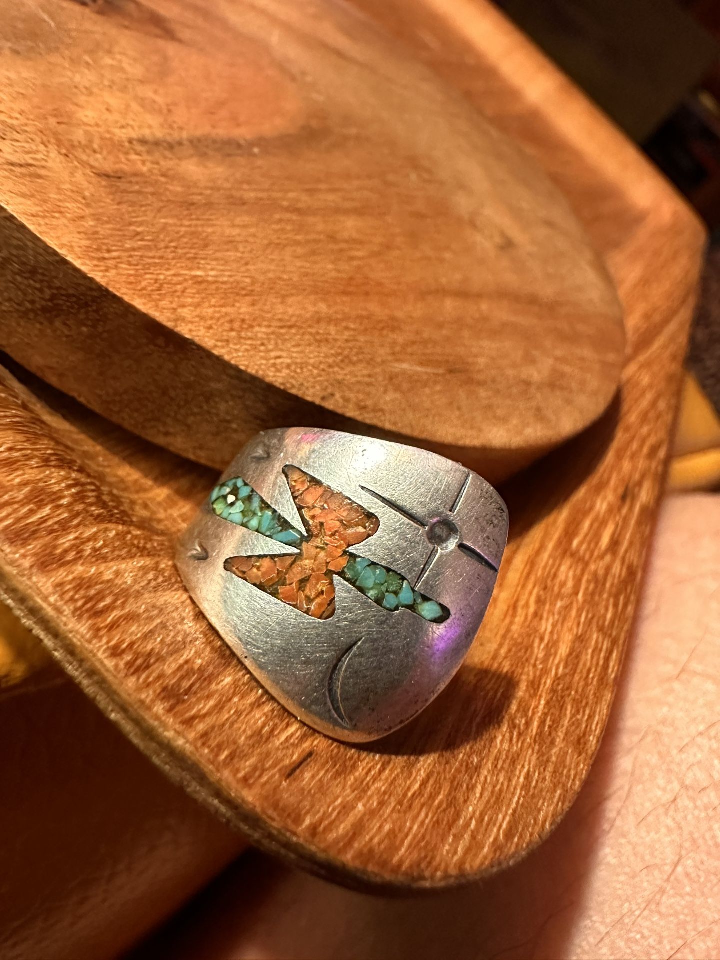 Vintage Charlie Singer Navajo Turquoise & Coral Chip Inlay Bird Ring ...