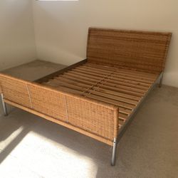 IKEA SUNDNES Queen Size Wicker Rattan Bed Frame with IKEA Mattress Very Clean and Good Condition for Sale in Santa Ana CA OfferUp