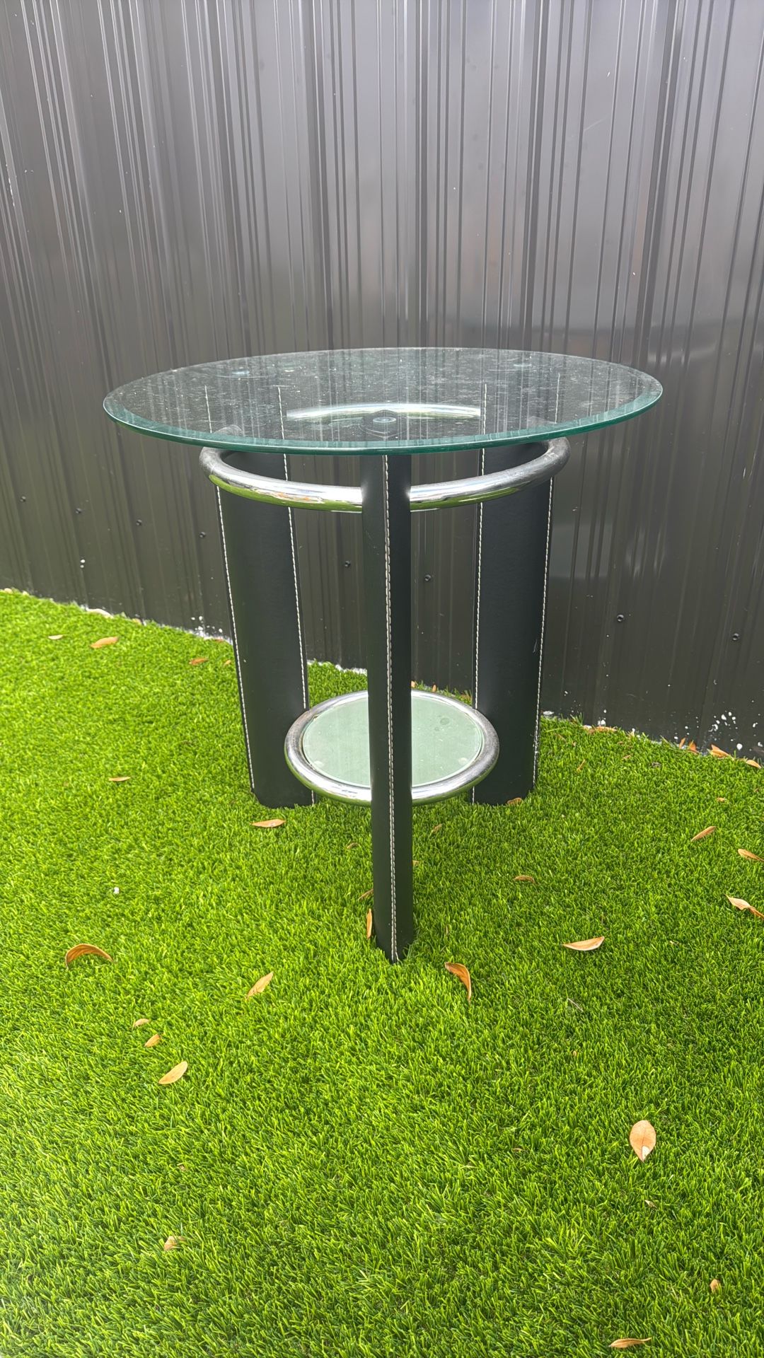 Modern Round Glass Side Table – Leather Wrapped Columns for Sale in ...