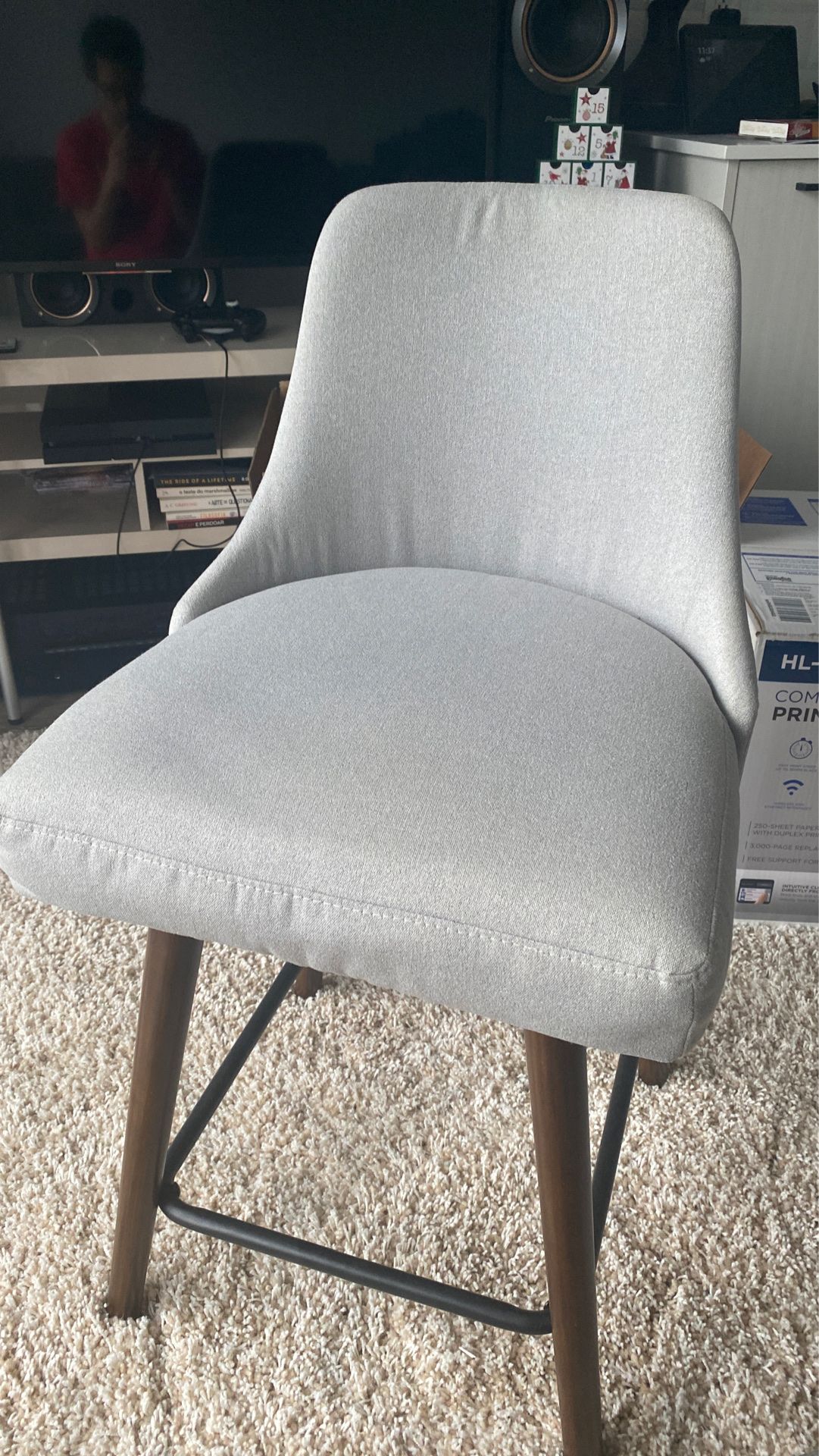 StyleWell Benfield Brown Wood Upholstered Counter Stool with Back and Stone Gray Seat Set of 2