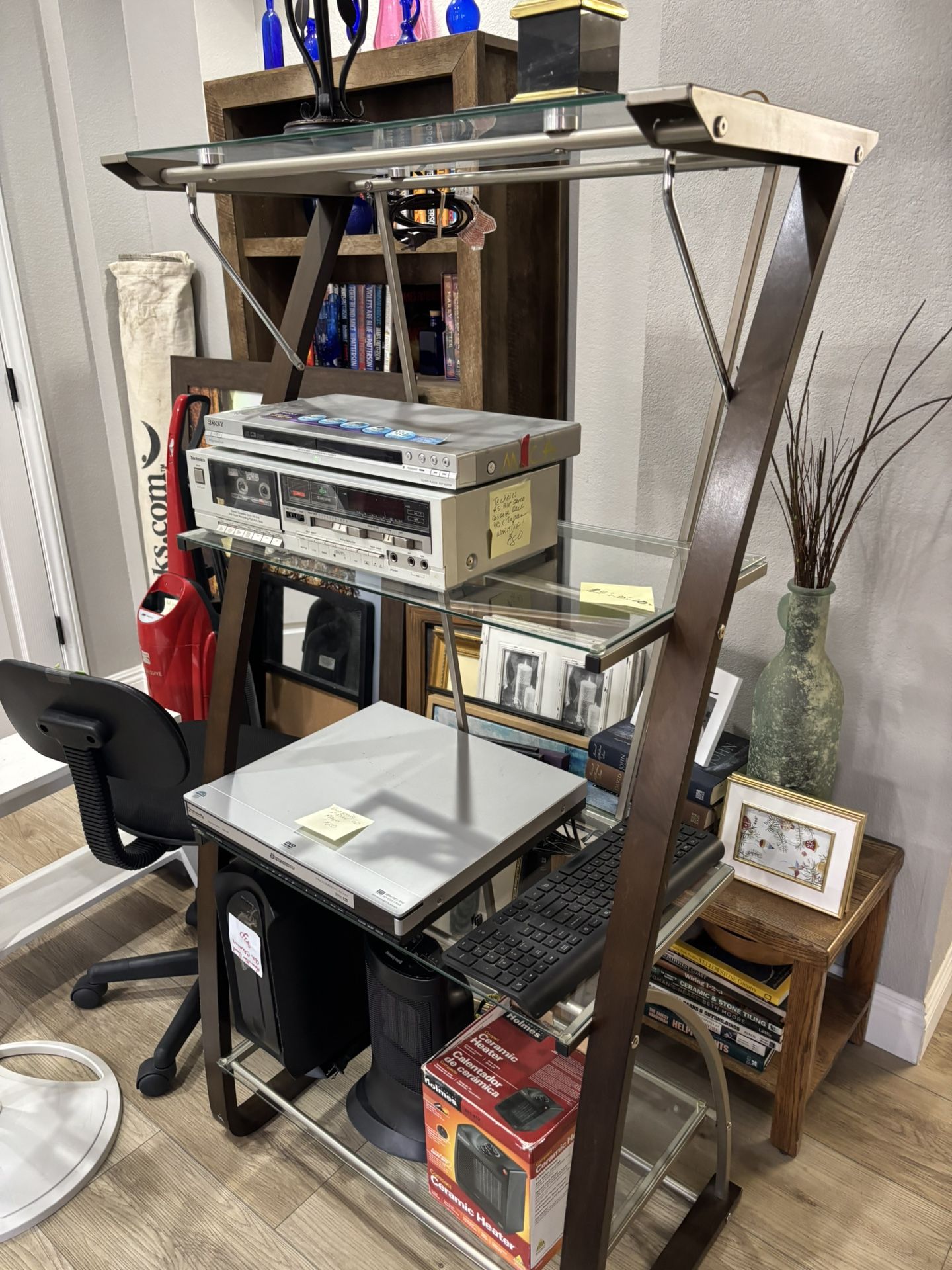 Glass, metal and wood shelf with everything on it for Sale in Las Vegas ...