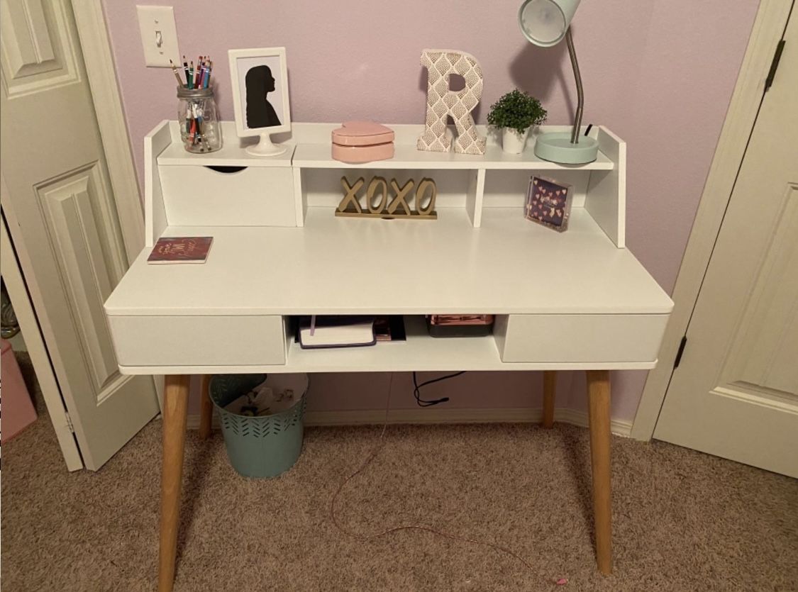 NEW!! White Work Study Table Desk with Storage Drawer Shelf Natural ...