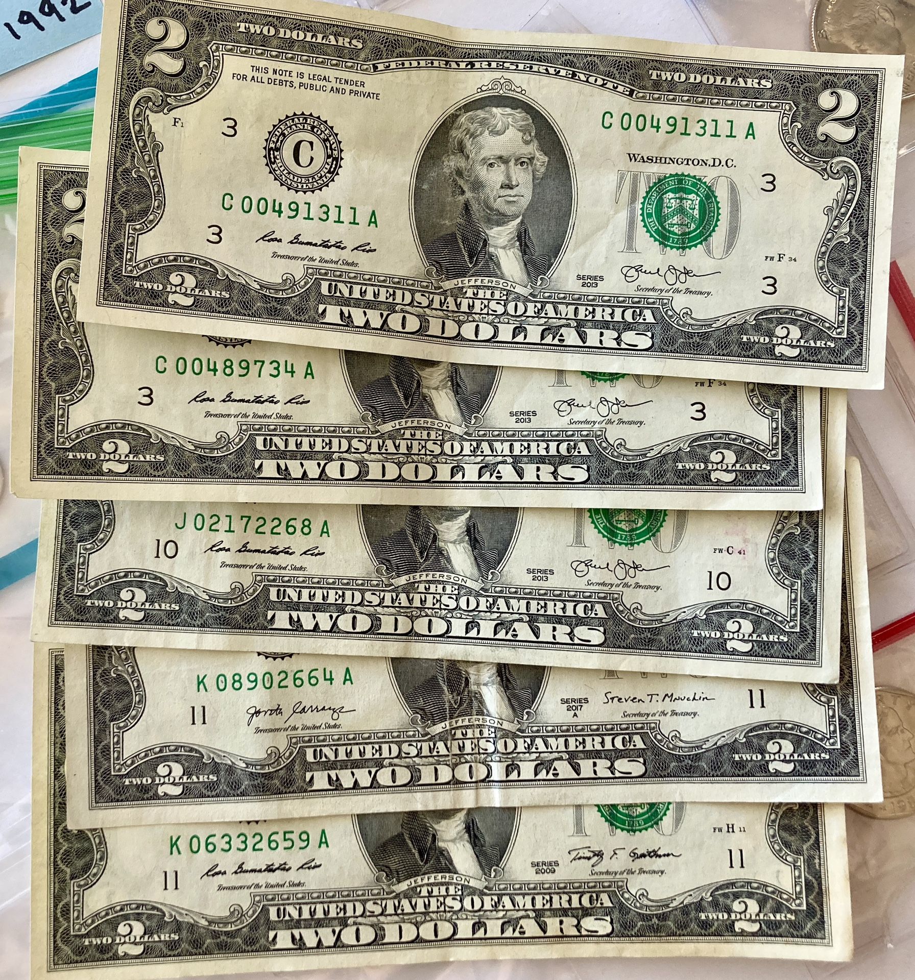 Two Dollar Bills (2) US Currency Coins Collecting Rarely Seen Money for ...