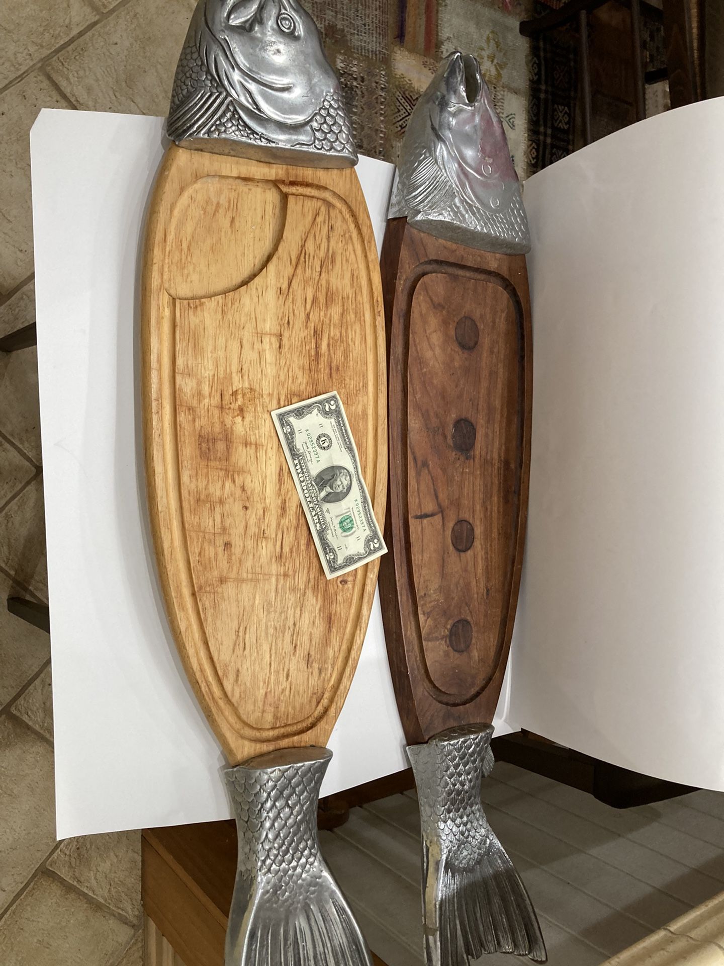 Vintage 2 Oversized Metal And Wood Salmon Fish Cutting Board Teak for ...
