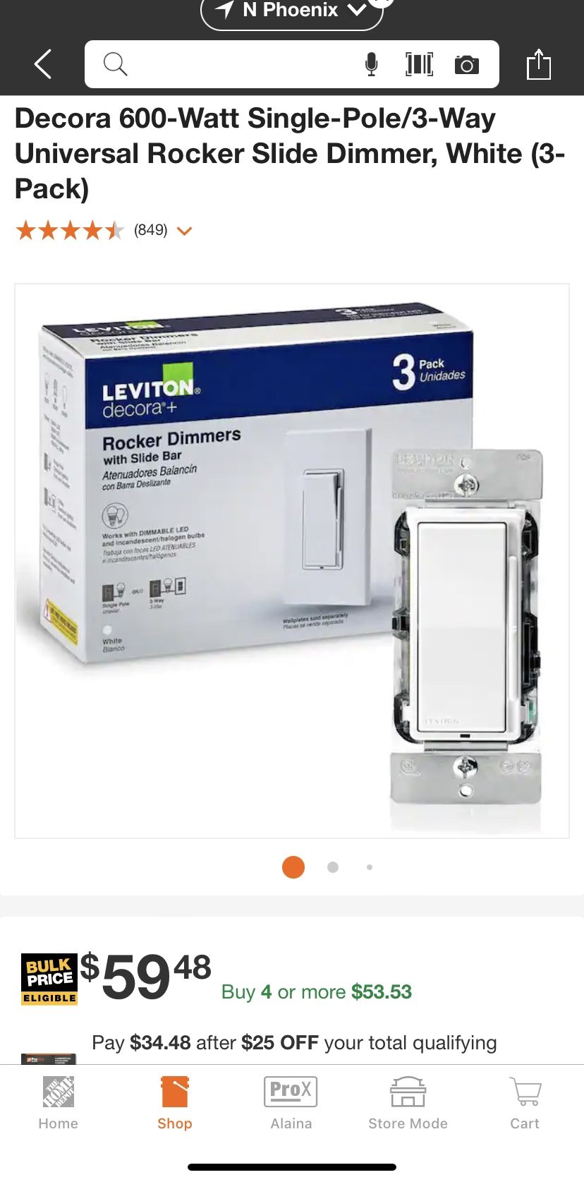3x Leviton Decora Rocker Dimmers w Slide Bar 600-Watt Single-Pole/3-Way ...