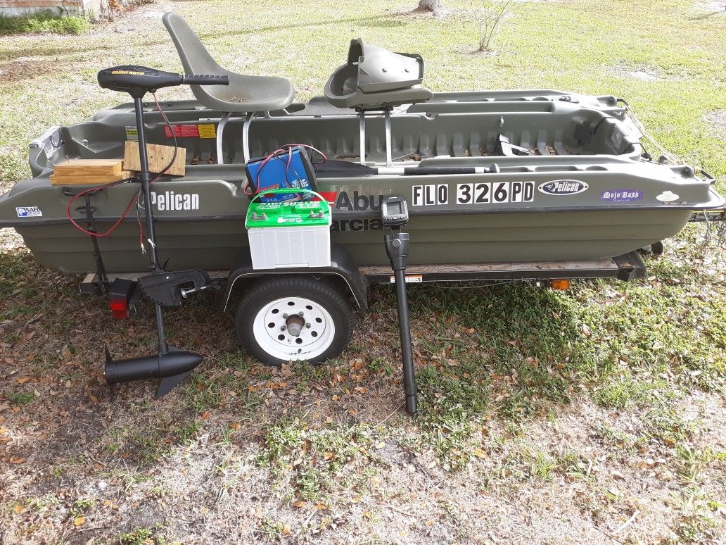 Pelican bass raider w/ trailer, trolling motor, marine battery and fish ...