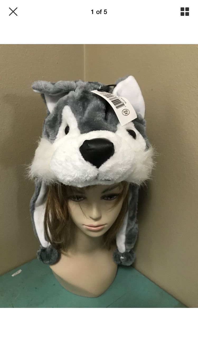 Gray WOLF Dog Plush Fur Animal Head HOODIE HAT furry winter ear flap ...