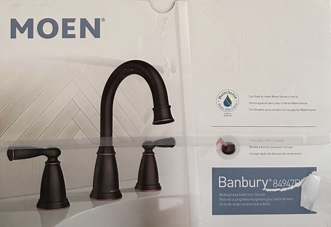 MOEN Banbury 8 in. Widespread Double Handle High-Arc Bathroom Faucet in Mediterranean Bronze ...