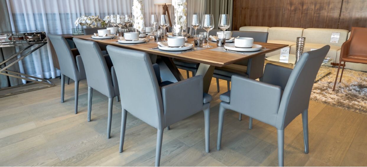 Modani Vittore Walnut Dining Table with 6 Modani Camille Chairs Gray ...