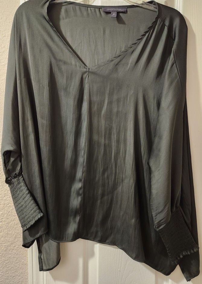 Womens Gently Worn Sz S/M Grade & Gather Semi Sheer Olive Green V Neck Long Sleeve Blouse with ...
