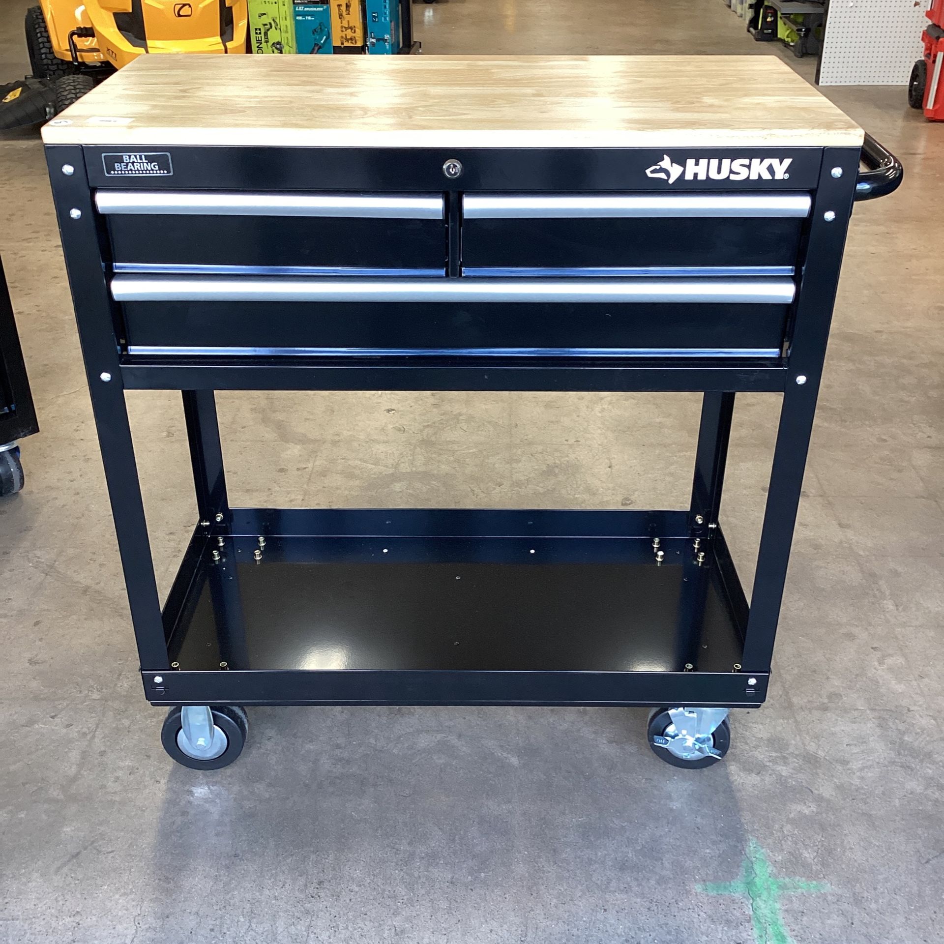 Husky Tool Storage 3-Drawer 36 in. W Standard Duty Gloss Black Rolling Tool Cart with Hardwood ...