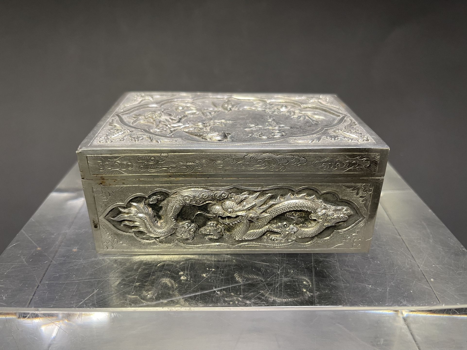 Antique Asian Export Silver Box w/Dragon & Phoenix Pattern (176.2 grams ...