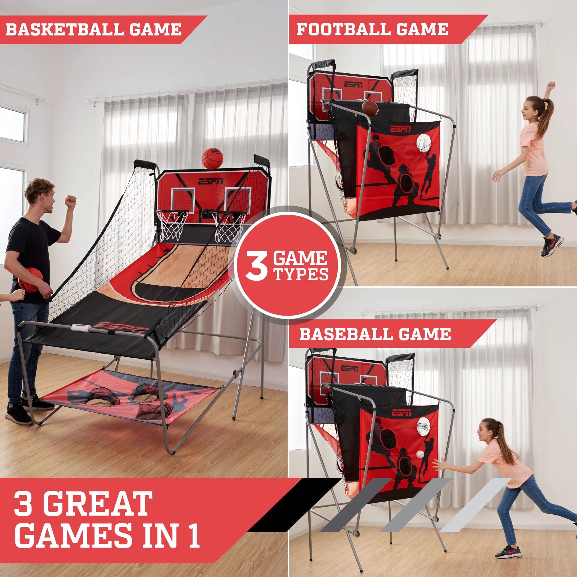 ESPN 3 In 1 Arcade Basketball, Baseball, Football Game Red - 81 in L x ...